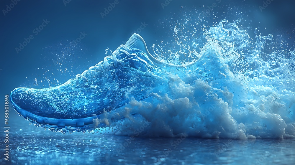 The human body shape of a running man filled with blue water on a blue ...