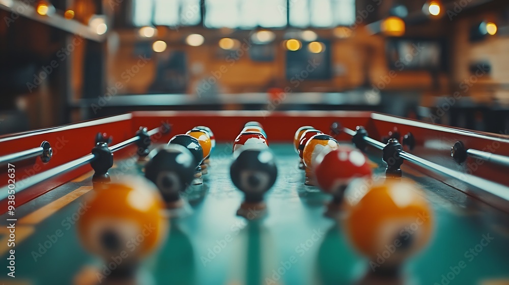 Foosball table football match taken from behind the goal keeper Sharp ...