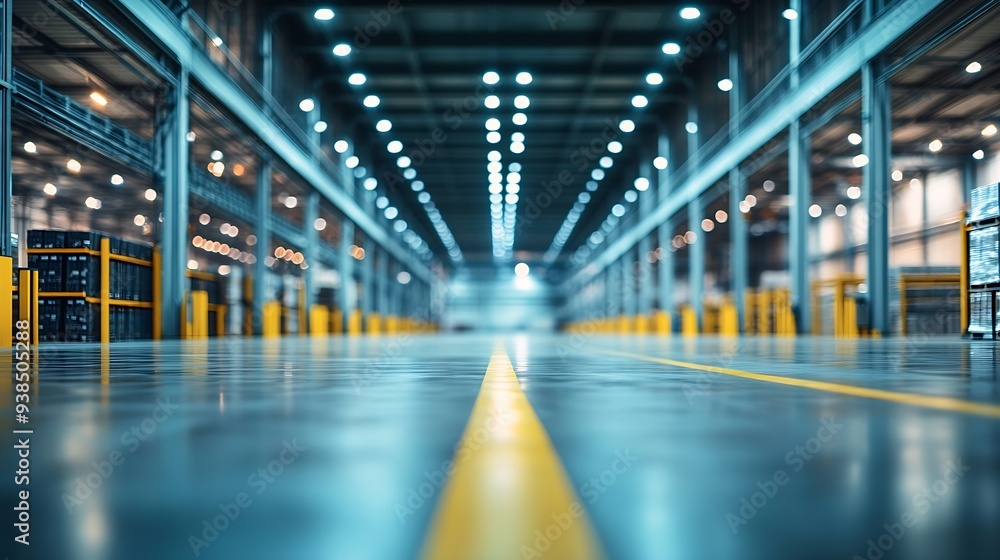 Blur background of spacious industrial warehouse interior with high ...