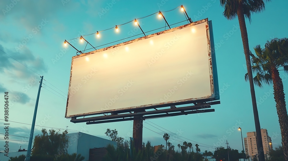 Large vintage billboard sign with white posters and string flags ...