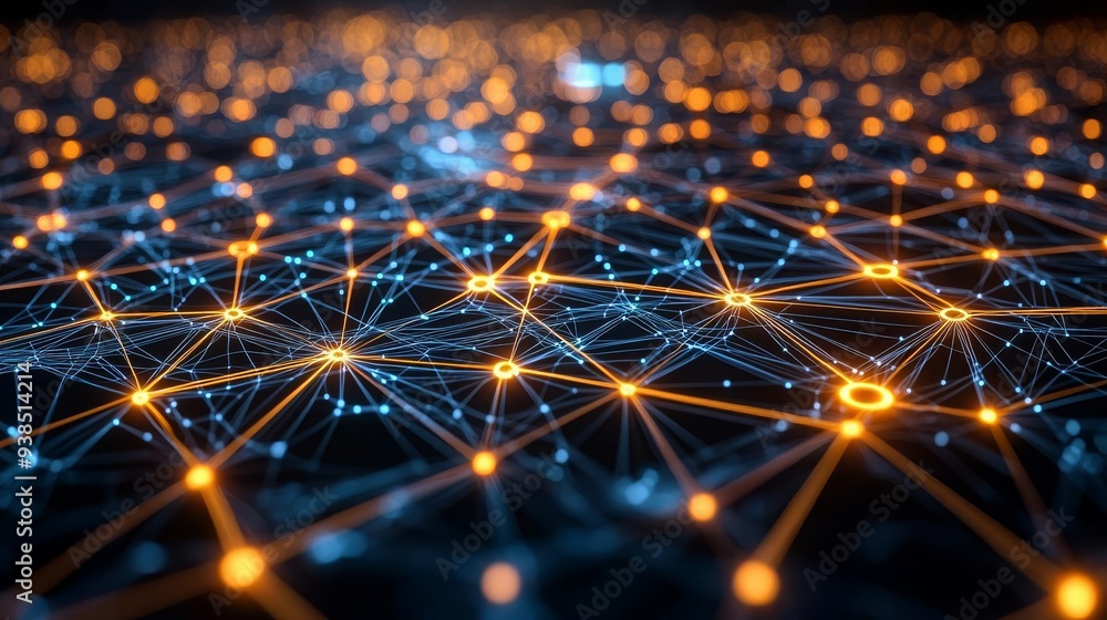 A glowing AI-powered neural network visualized as an interconnected web ...