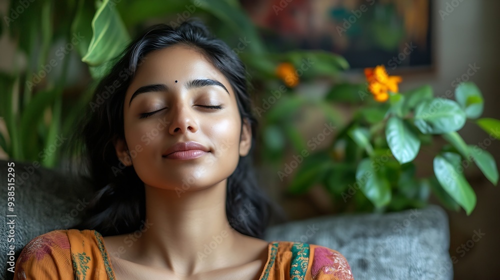 Calm Indian woman closed eyes spend carefree weekend enjoy lazy leisure ...