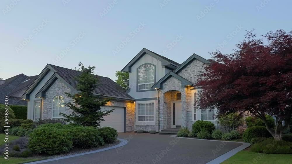 Establishing shot of two story stucco luxury house with garage door ...
