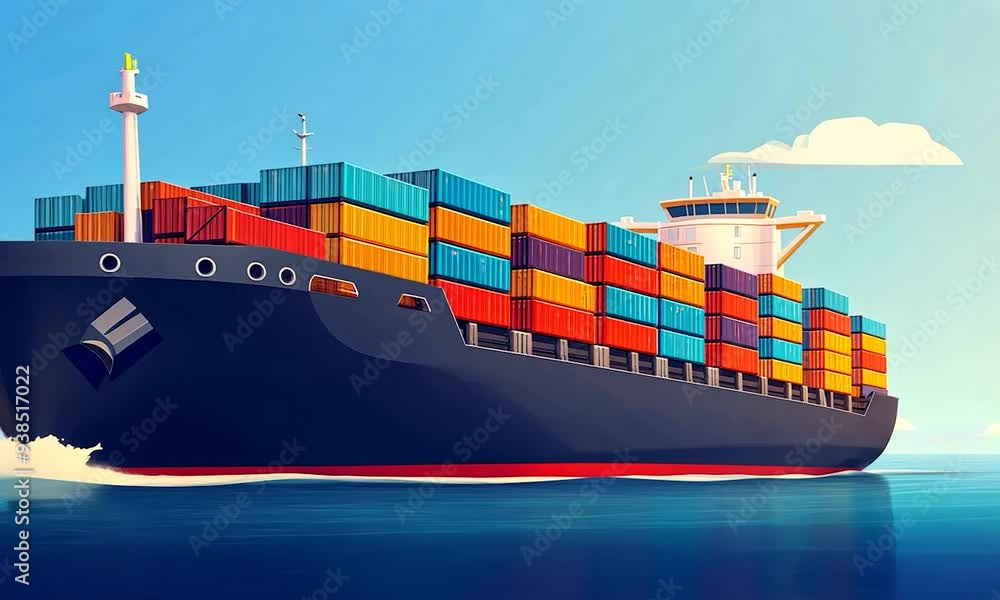2D cartoon style cargo ship with containers in the ocean set against a ...