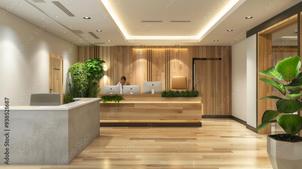 Inviting medical office with cozy lighting, plants, and digital tools ...