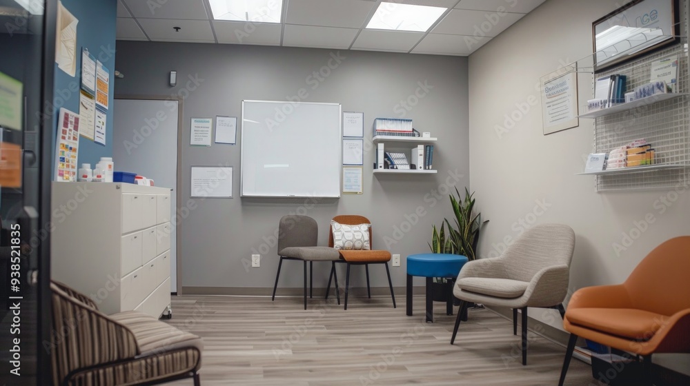 Professional consultation room with organized files, whiteboard, and ...
