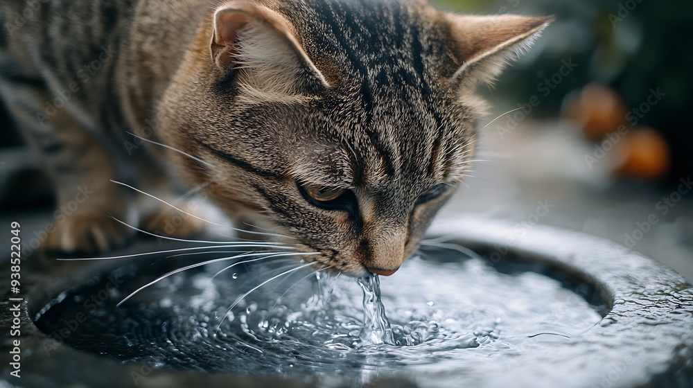 A Felidae carnivore with whiskers is gracefully drinking water from a ...