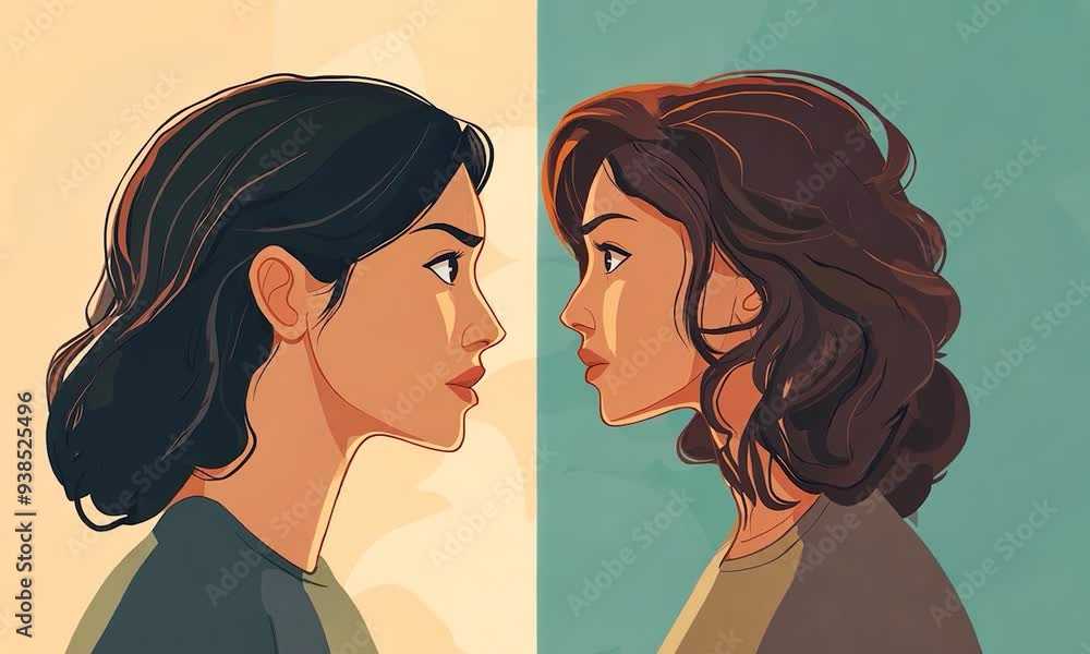 2D cartoon style illustration depicting two women with opposing ...