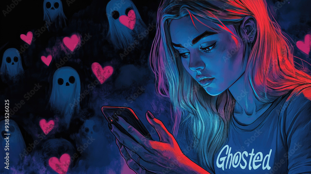 Ghosted written on a phone screen. Ghosting is stopping all contact ...