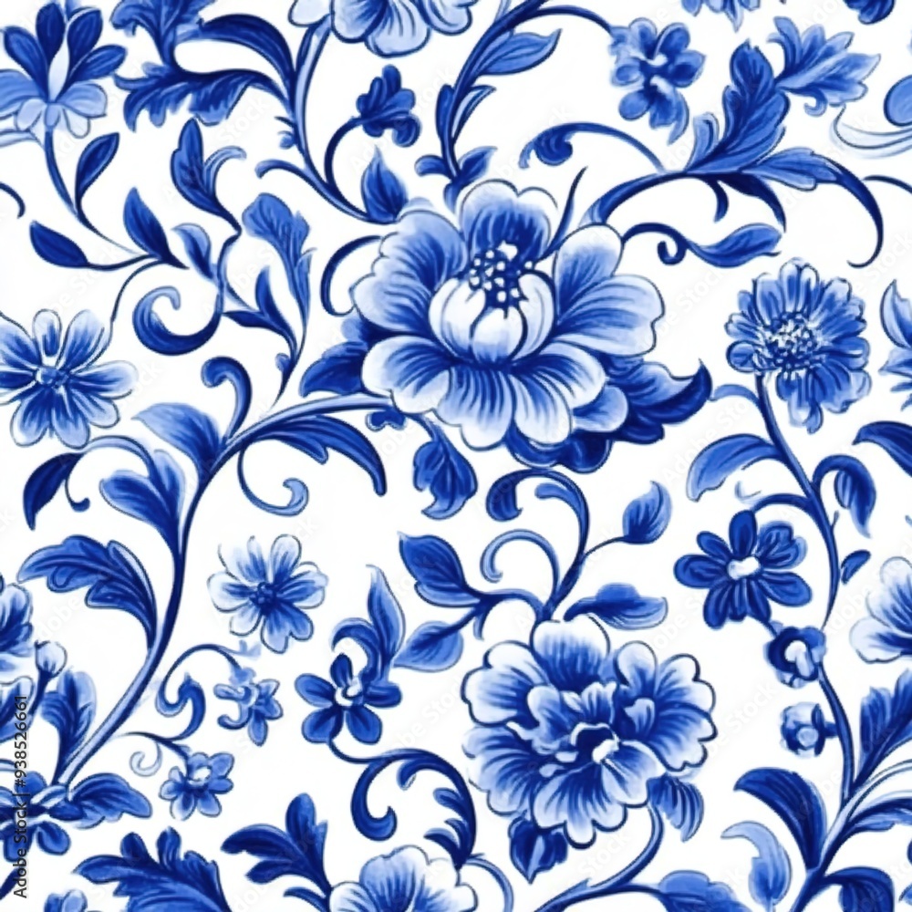 Blue and white porcelain pattern, featuring floral and leaf motifs ，A ...
