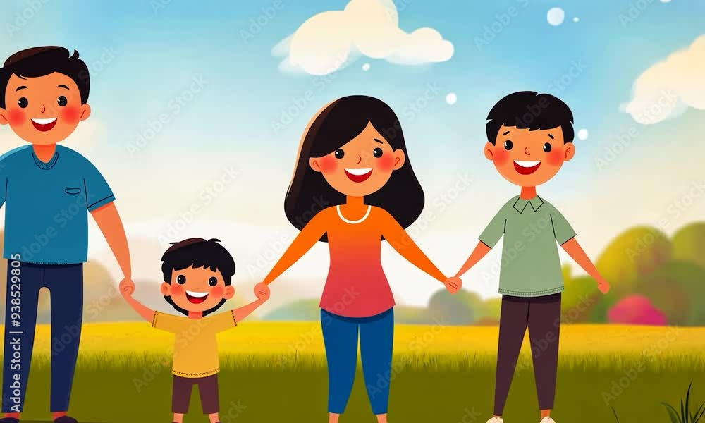 2D cartoon style illustration of a joyful family holding hands ...