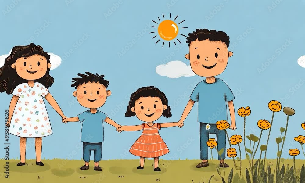2D cartoon style illustration of a joyful family holding hands ...