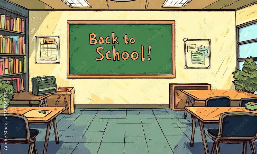 2D cartoon style pixel illustration of a classroom decorated for the ...
