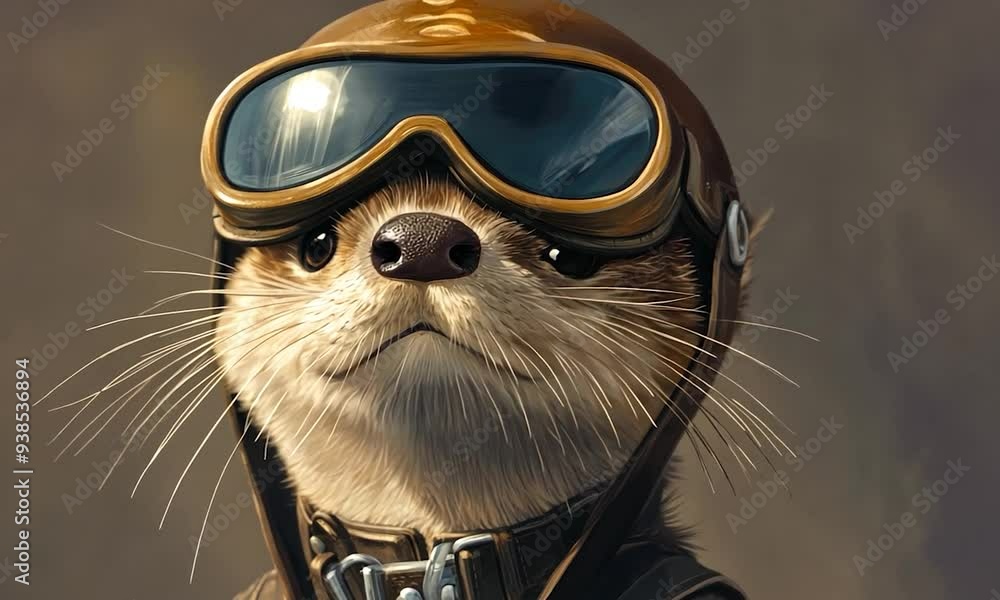 2D cartoon style portrait of an adorable otter wearing a flying leather ...