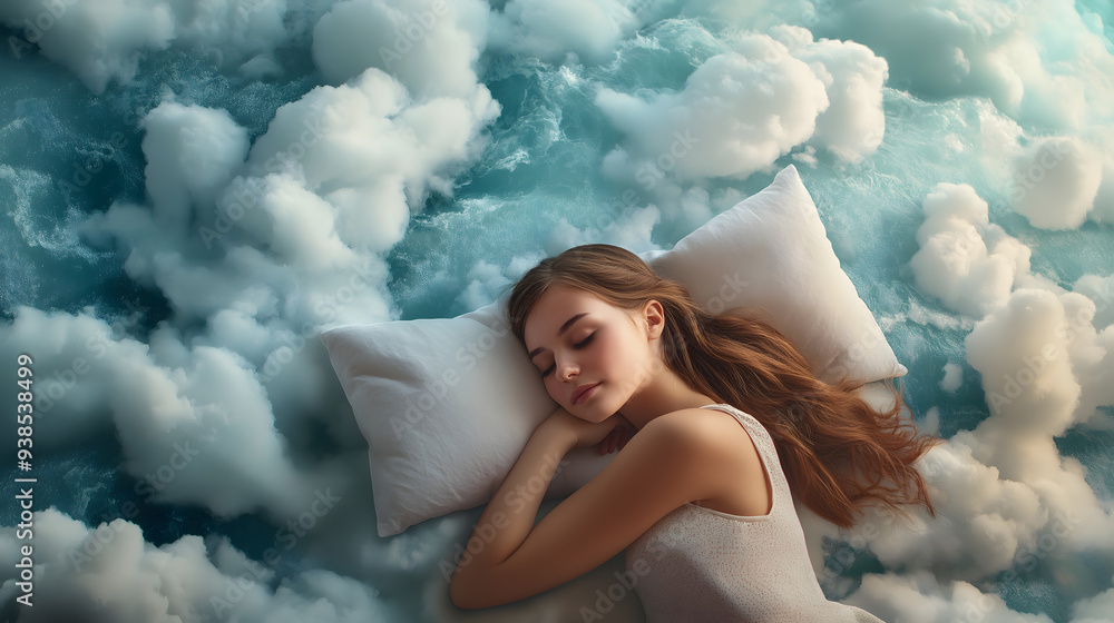 Surreal image of a peaceful young woman sleeping on soft clouds ...