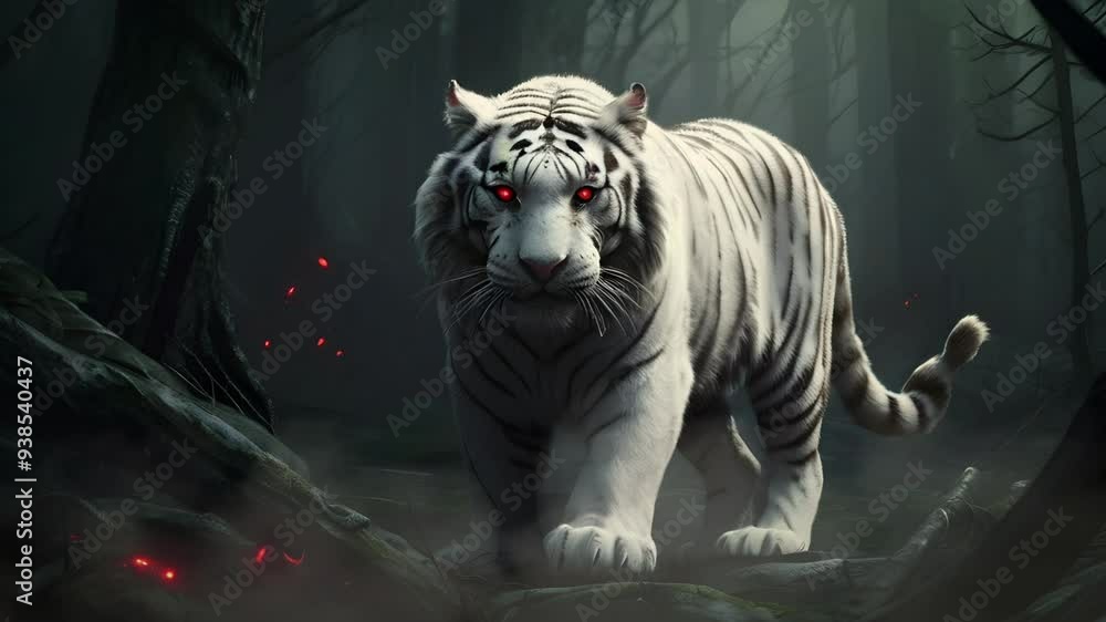 A white tiger demon monster in the middle of a scary haunted fairy tale ...