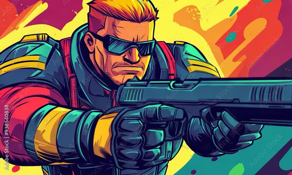2D cartoon style super soldier striking a dynamic gun show pose ...