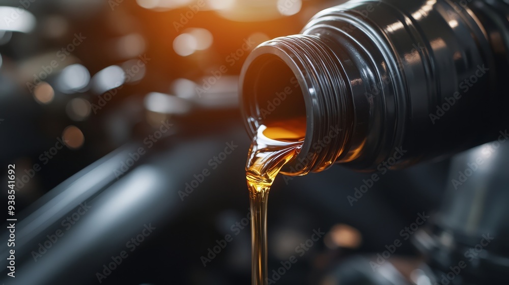 A close-up of oil being poured into a car engine during an oil change ...