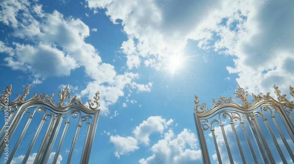 Ornate golden gates stand open on a platform above the clouds ...