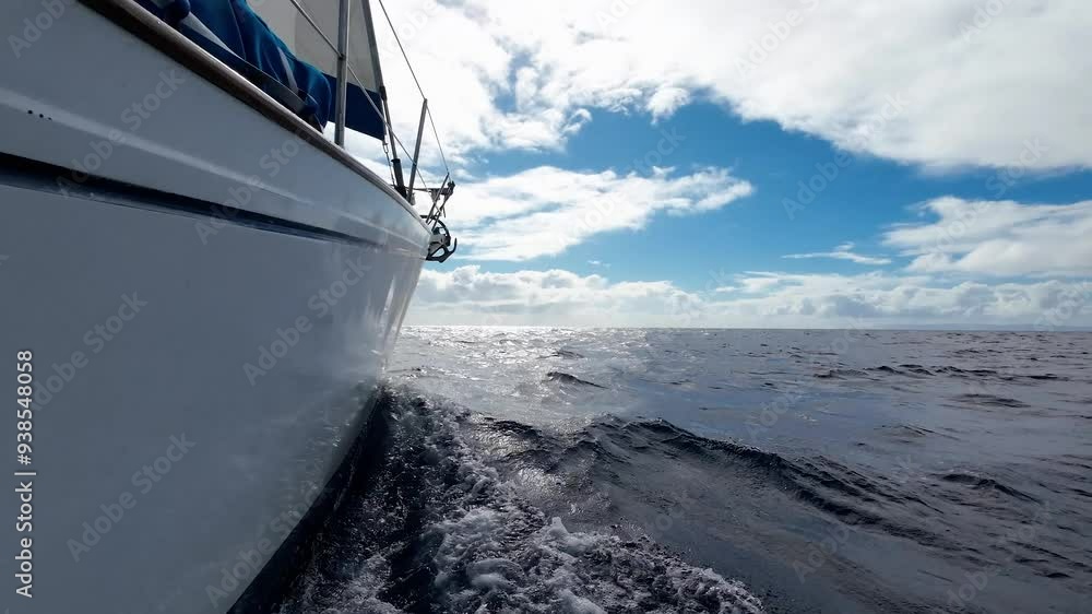 Floating sailing yacht with spread sails splitting the sea waves and an ...