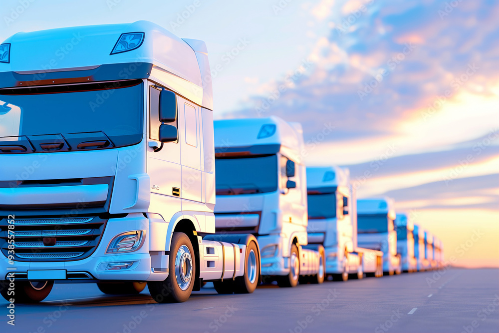 Trucks on the Road: Heavy Transport Vehicles in a Line under a Colorful ...