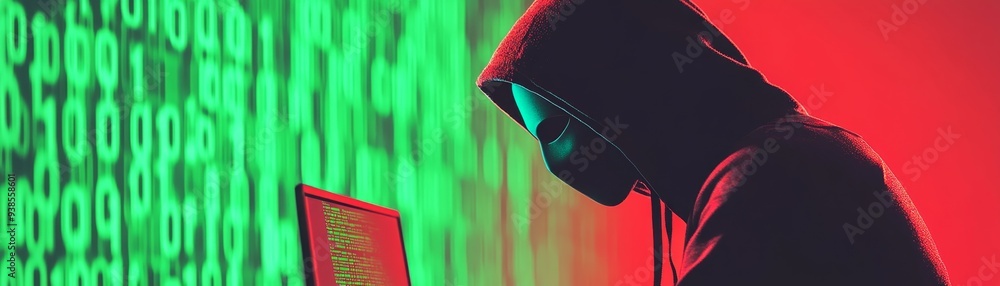 Cybercriminal in Hoodie and Mask Hacking Computer with Matrix Code ...