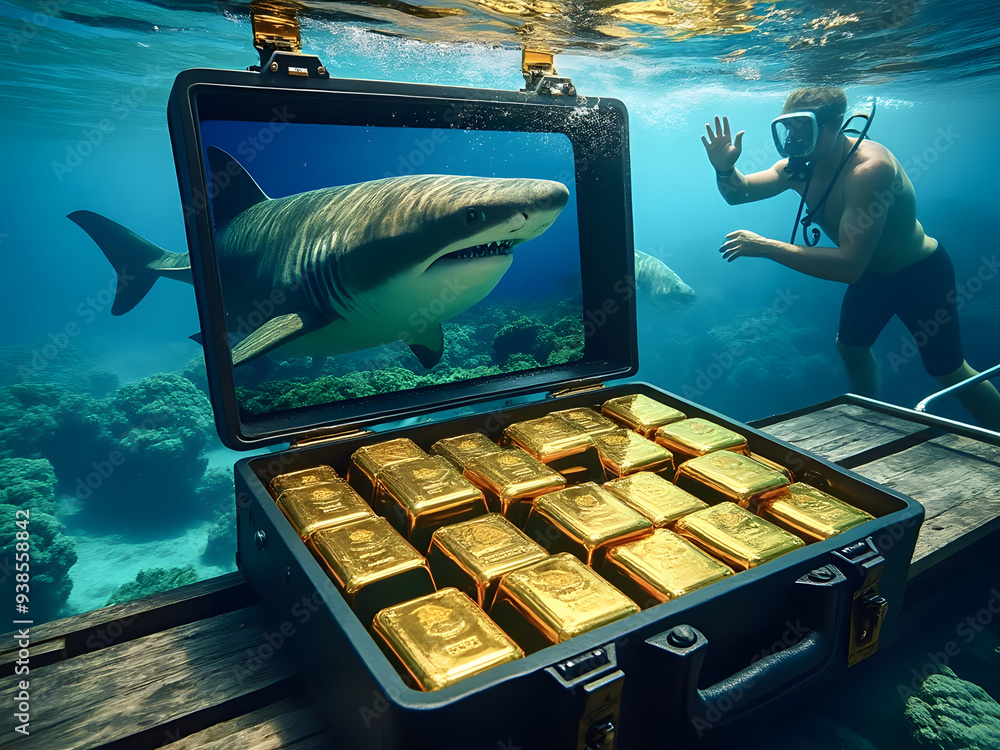 Shirtless Snorkeling Diver With Gold Bars Filled Briefcase Sinking To ...