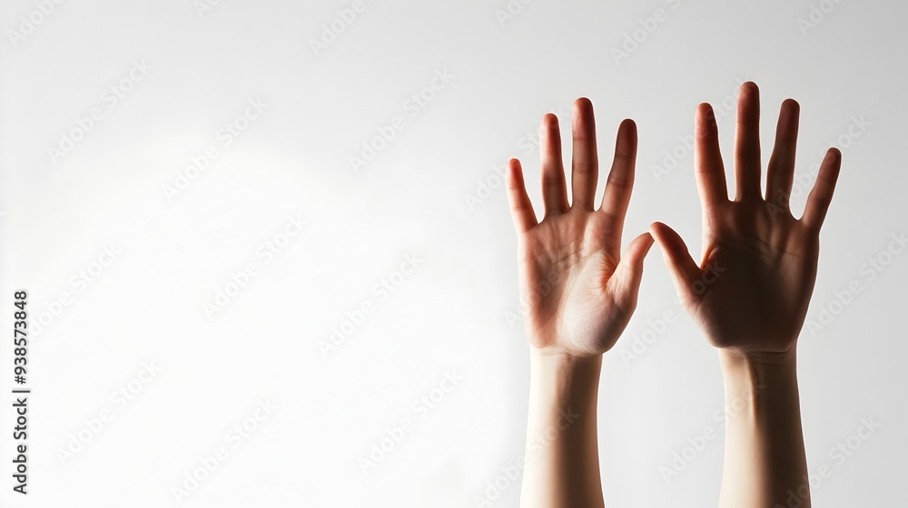 Portrait of a male figure raising both hands in a stop gesture with an ...