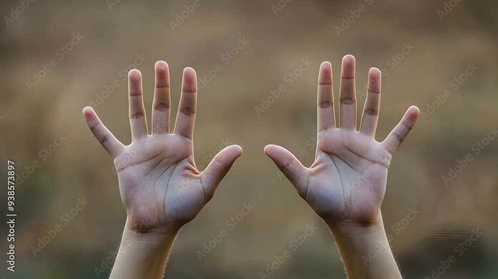 A photograph of a person raising both hands in a prominent stop gesture ...