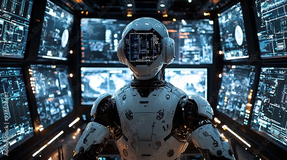 In a control room with multiple screens, a futuristic robot monitors ...