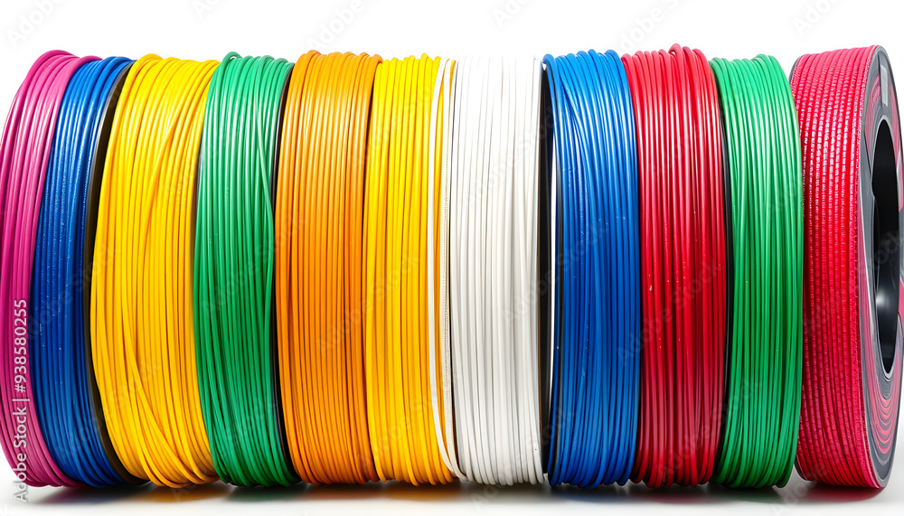 row of colorful 3d printing filament PLA material on environmentally ...
