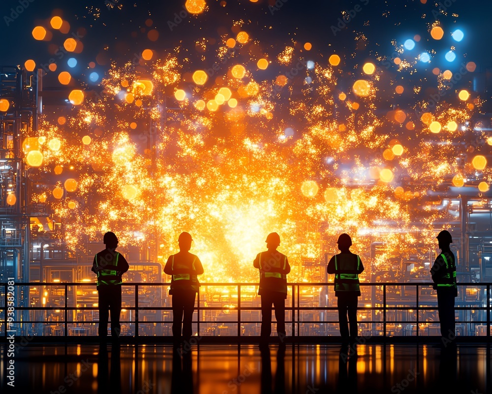 Workers observe a stunning display of fireworks against an industrial ...