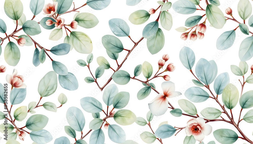 Watercolor floral pattern with eucalyptus leaves. Hand painted pattern ...