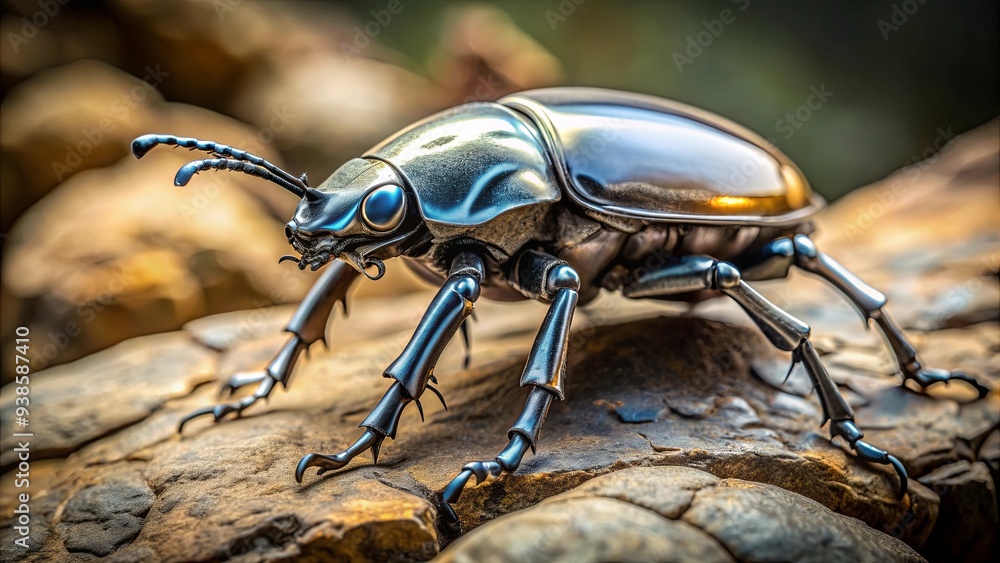 Iron beetle with metallic exoskeleton crawling on a rock , insect ...
