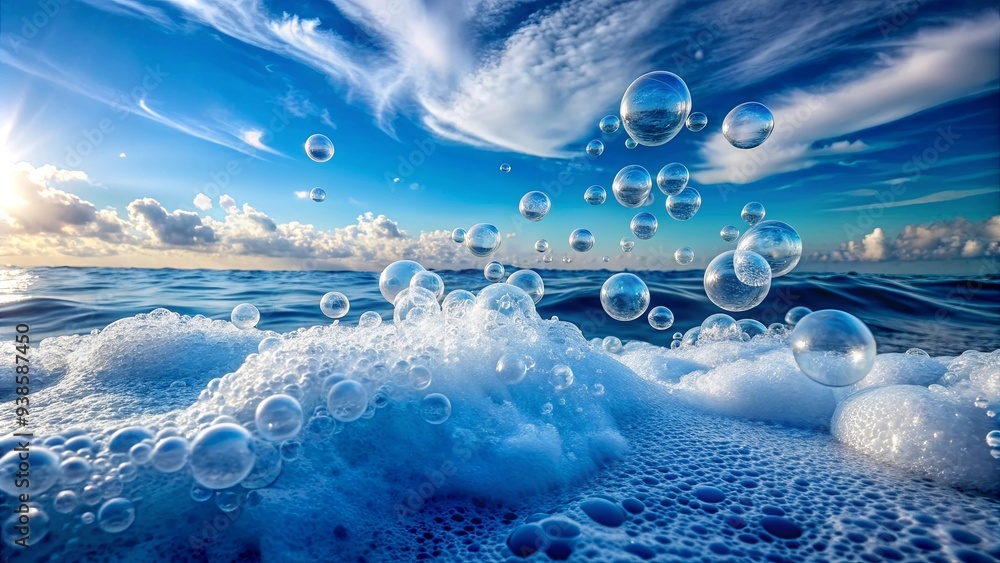 Fluffy white foam bubbles on the surface of a blue ocean, foamy ...