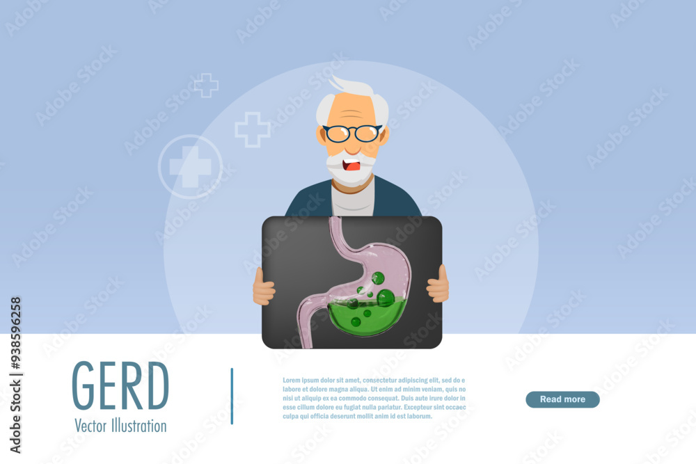 GERD gastroesophageal reflux on stomach. Senior man hold x ray film ...