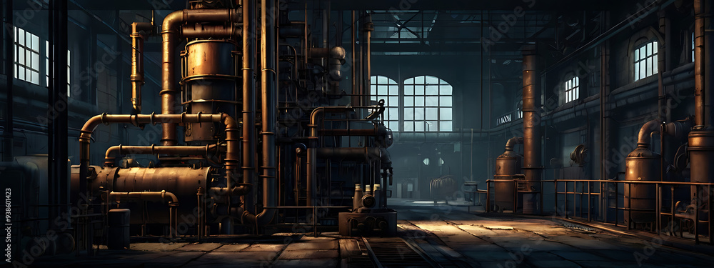 A dark, industrial factory setting with metal pipes, gears, and steam ...
