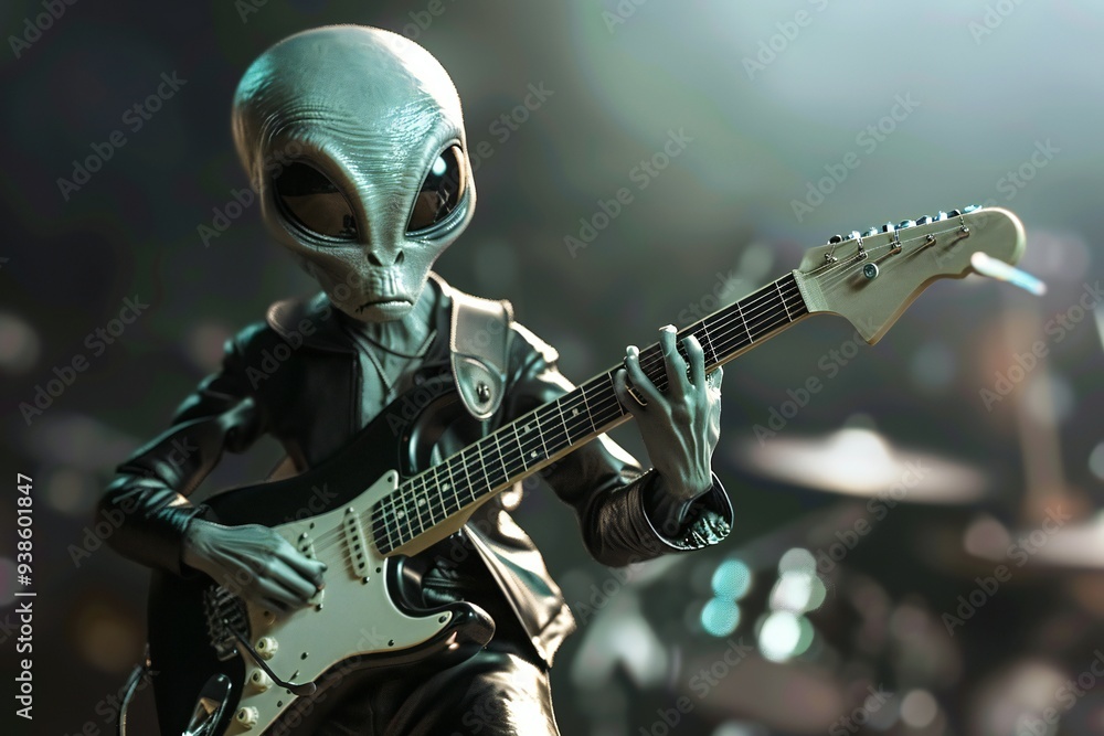 Cute stereo-typical grey alien wearing punk rock attire, playing ...
