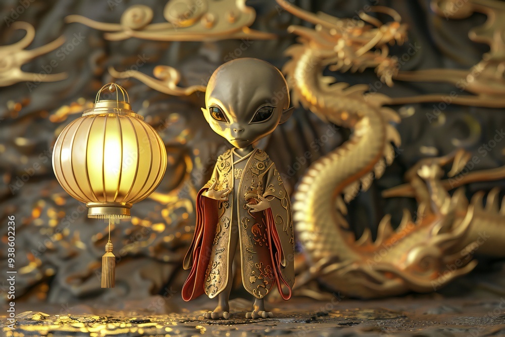Cute stereo-typical grey alien wearing traditional Chinese dress ...