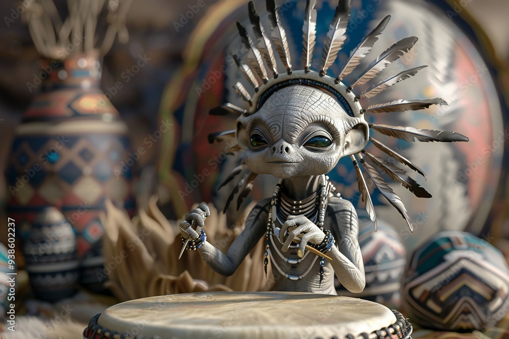 Cute stereo-typical grey alien wearing traditional Native American ...