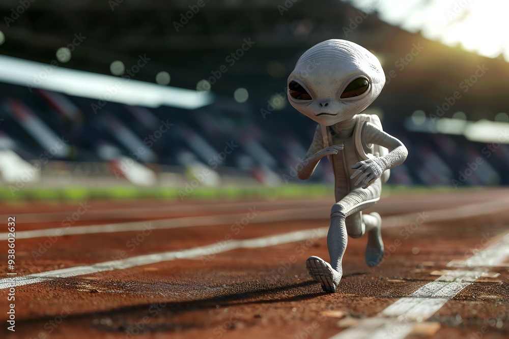 Cute stereo-typical grey alien wearing sporty tracksuit, running on a ...