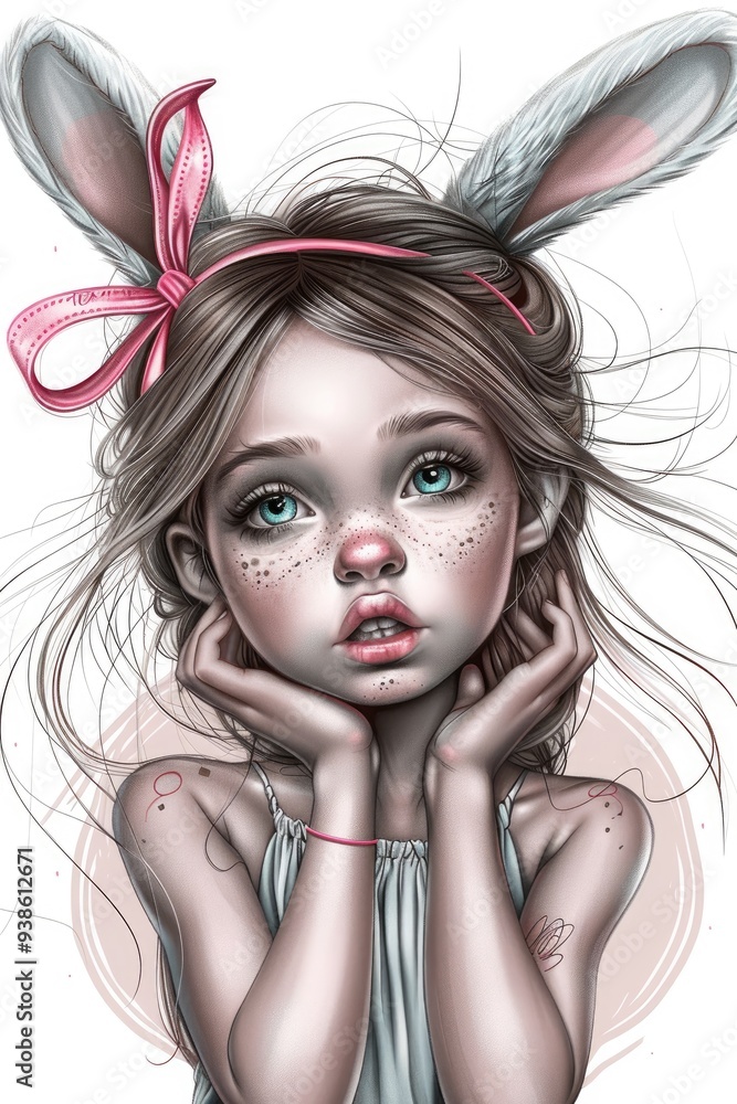 Cartoon-style watercolor sketch of an anime rabbit girl with bunny ears ...