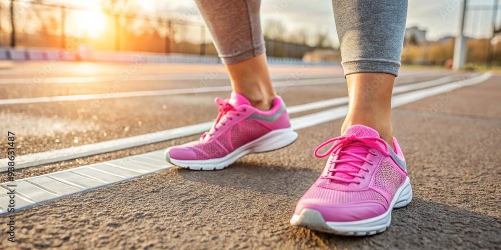 Primer plano de pie de mujer con zapatillas deportivas rosas en pista ...