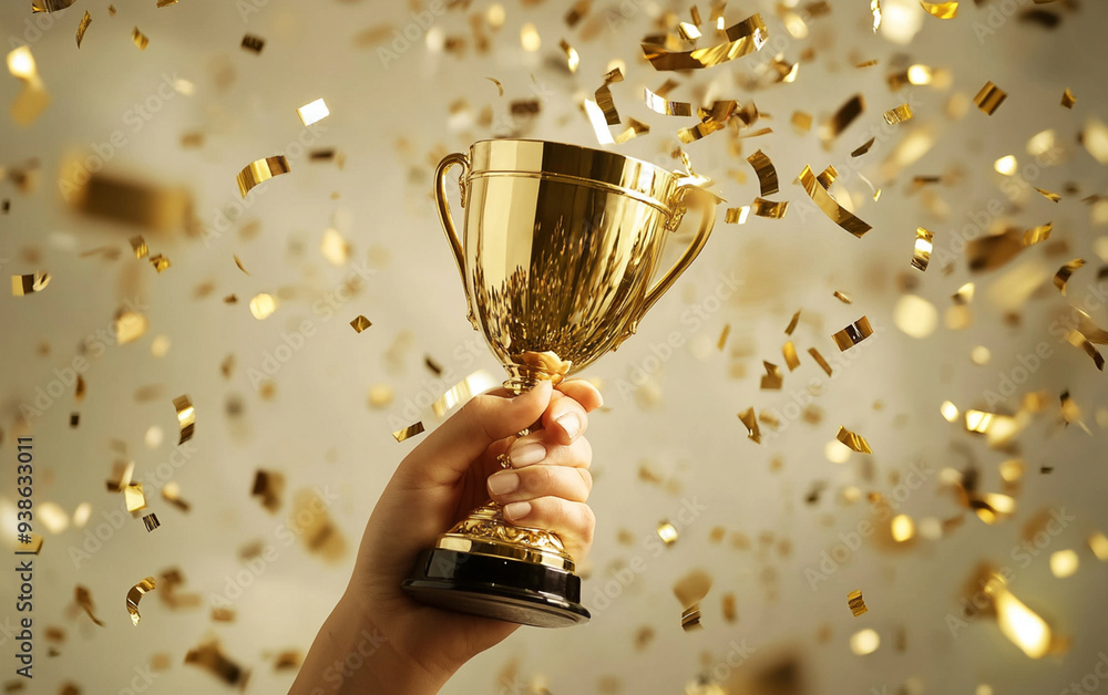 Hand holding gold trophy cup with confetti. celebrating with trophy ...