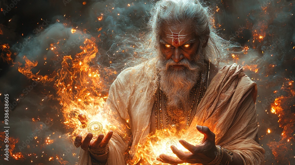 Brahma creating the universe with glowing energy flowing from his hands ...