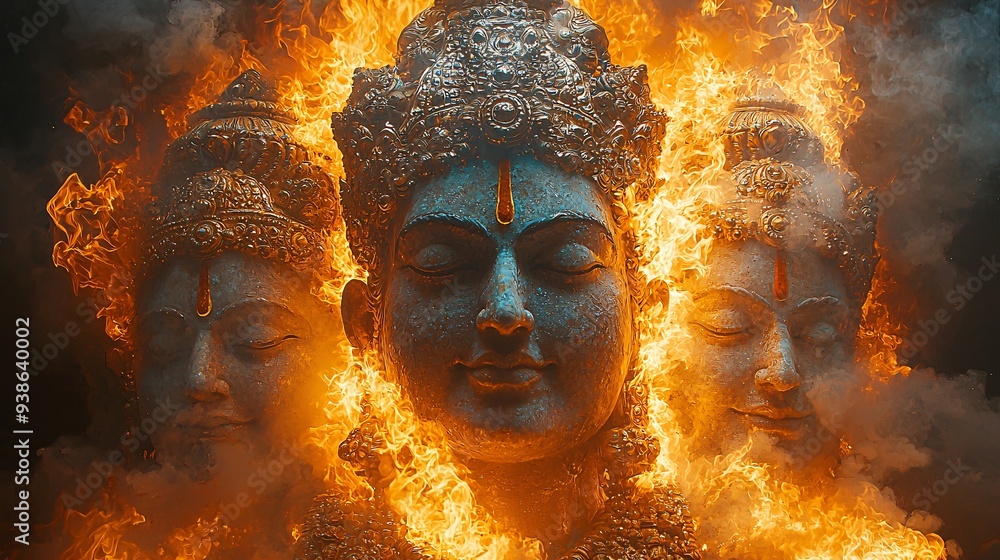 Brahma with four faces, each representing different elements of ...