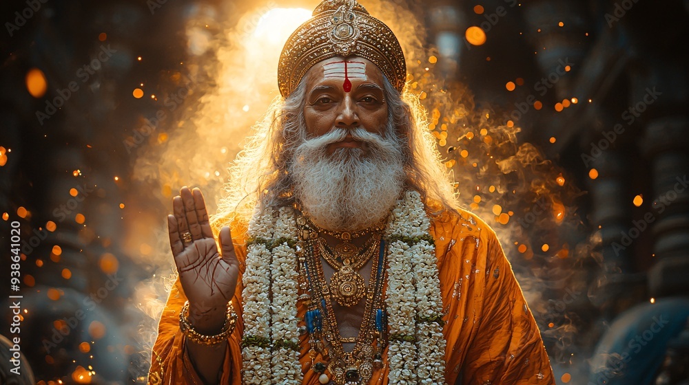 Brahma standing at the center of the universe, holding a golden scepter ...