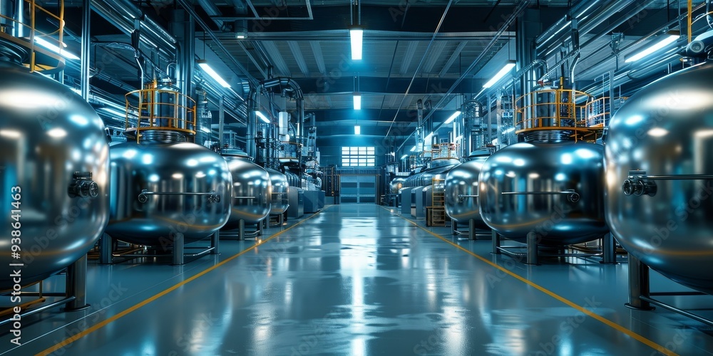 Large brightly lit hall with metal tanks and lab equipment - inside of ...