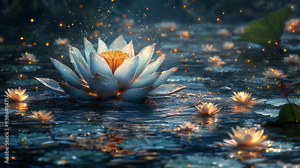 Brahma in a serene cosmic ocean, seated on a giant lotus, with creation ...