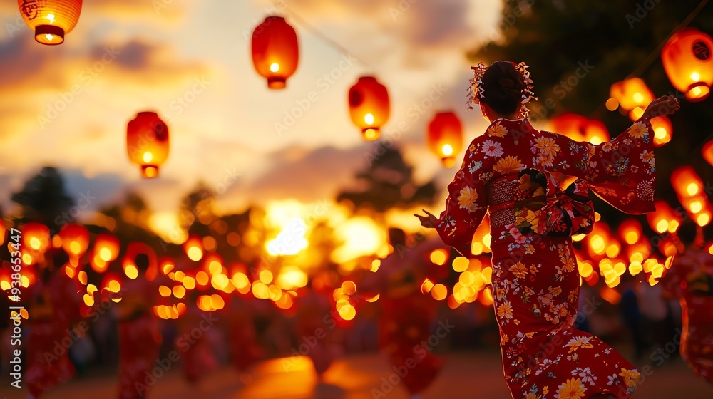 A Japanese Bon Odori dance festival in the evening, with dancers in ...